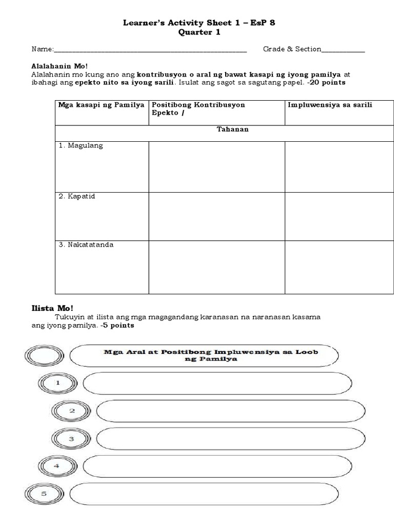 1STQ - ESP8 Activity Sheet #1 Modyul 1 | PDF