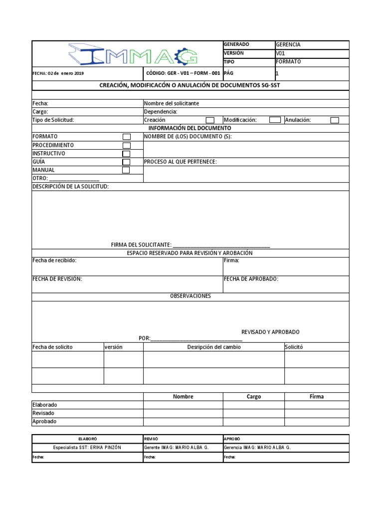 Ger-V01-Form-001 Creación, Modificación o Anulación de Un Documento Del ...