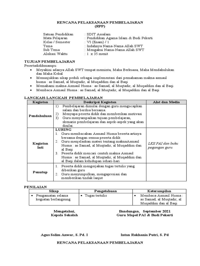 RPP Kelas 6 SMT 1 2021 | PDF