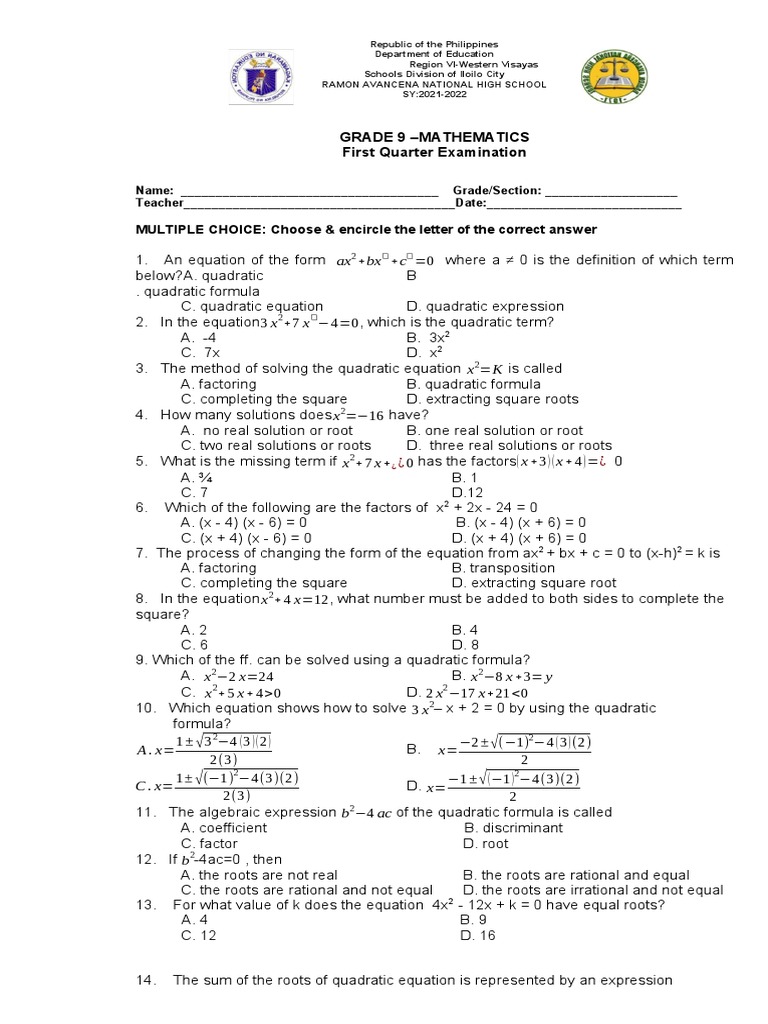 G9 Q1 Diagnostic Test | PDF | Quadratic Equation | Equations