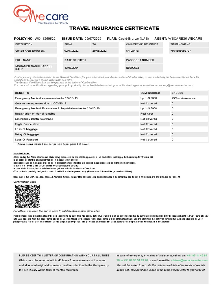 N9300692 SHA TRAVEL Insurance | PDF | Deductible | Insurance