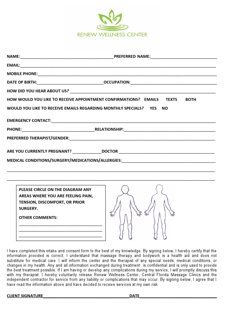 Massage Therapy Intake Form | PDF | Therapy | Massage
