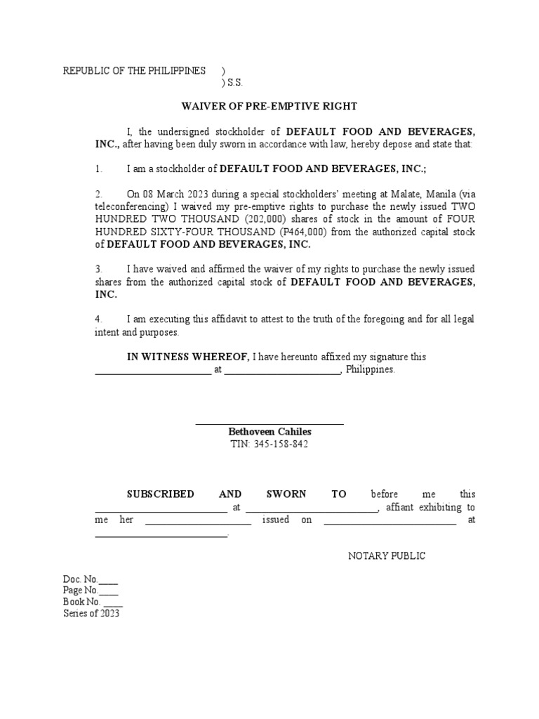 DFBI - Waiver of Pre-Emptive Right (Bethoveen Cahiles) | PDF