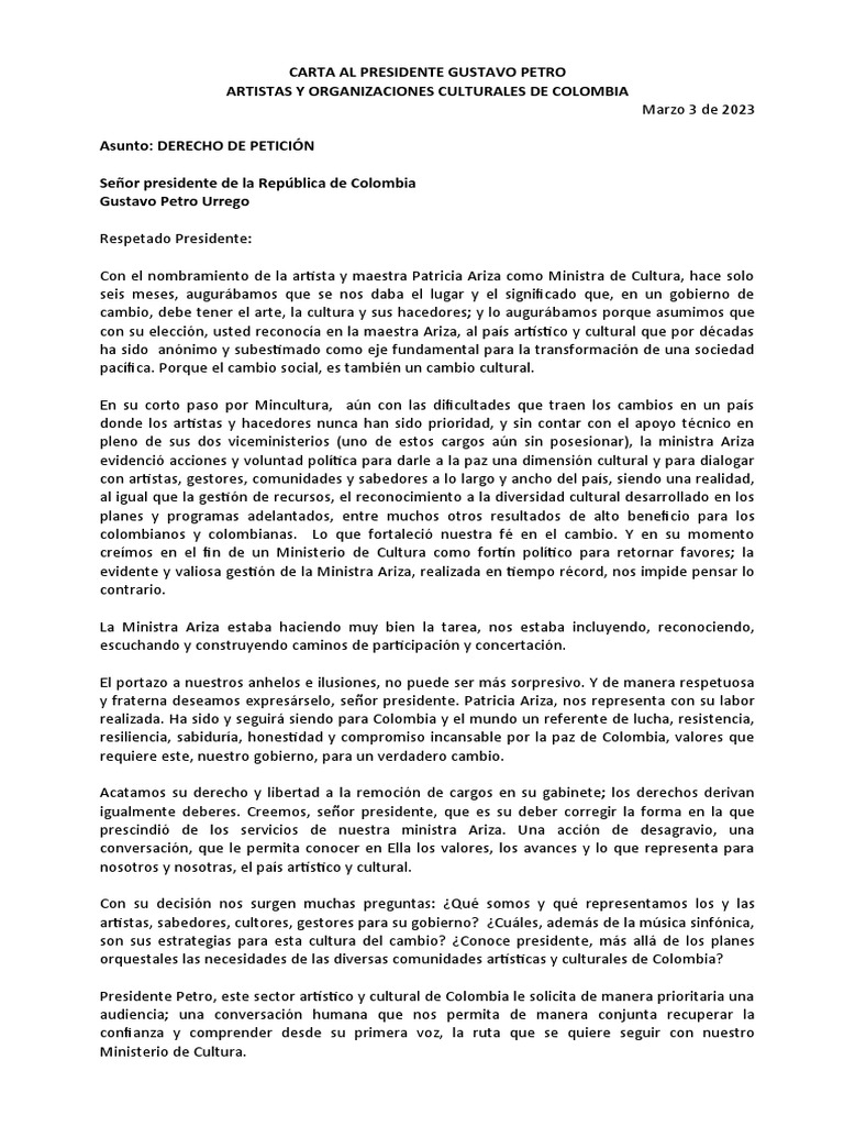 Carta Al Presidente Petro Artistas y Organizaciones Culturales de ...