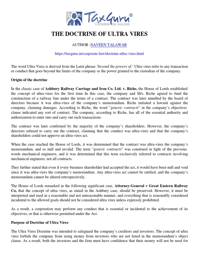 The Doctrine of Ultra Vires - Taxguru - in PDF | PDF | Business Law ...