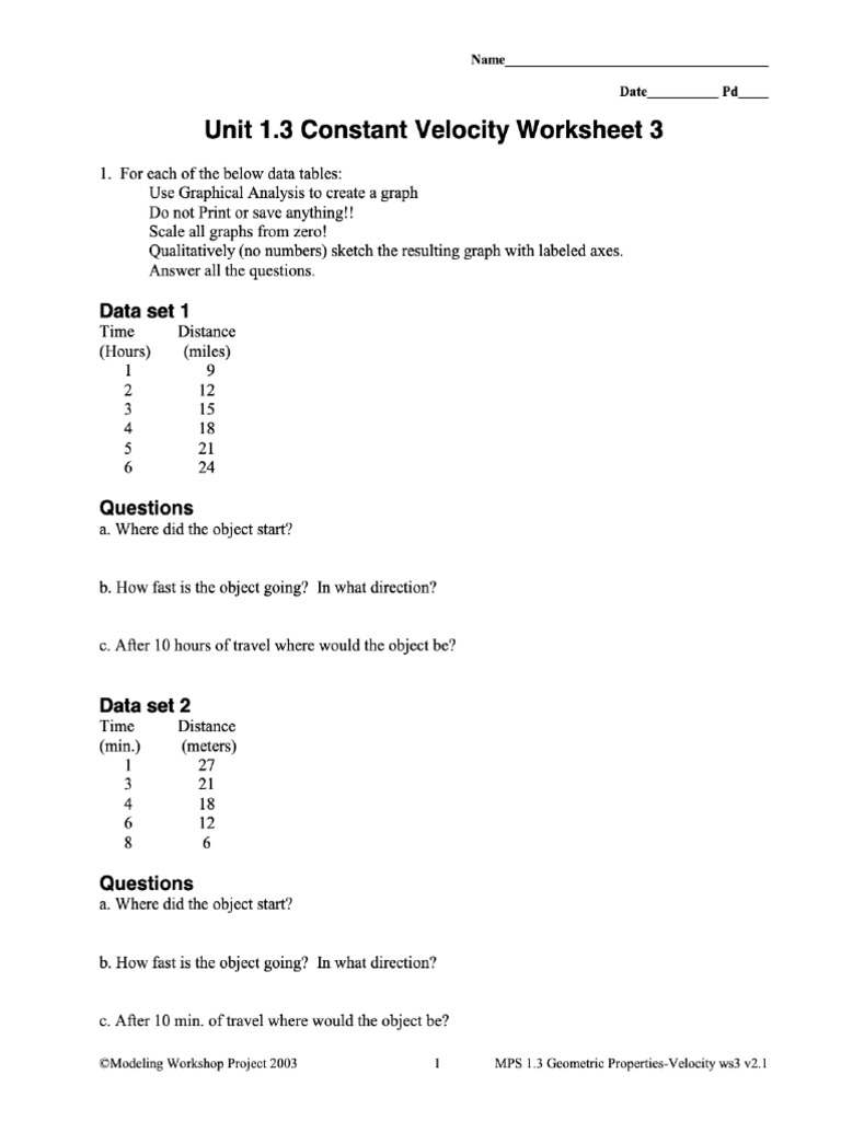 1.3 Constant Velocity Worksheet 3 | PDF