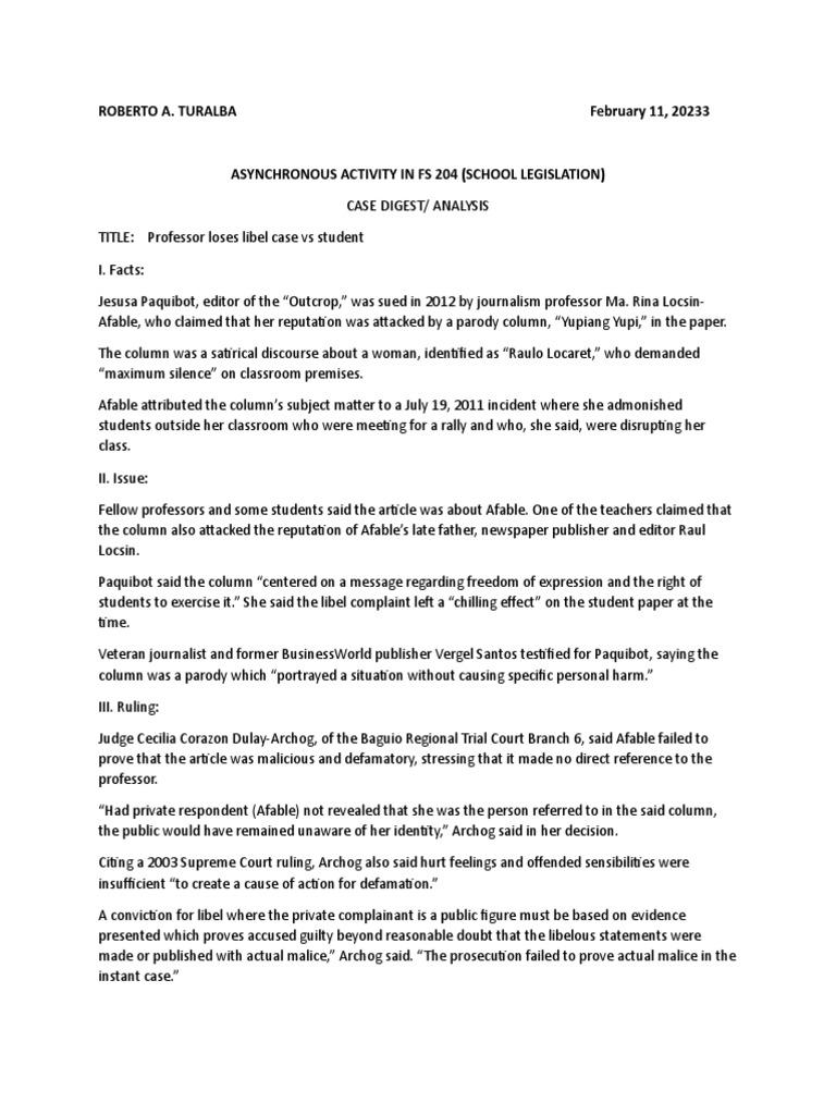 Asynchronous Activity in FS 204 (Case Digest) | PDF | Defamation | Criminal Law