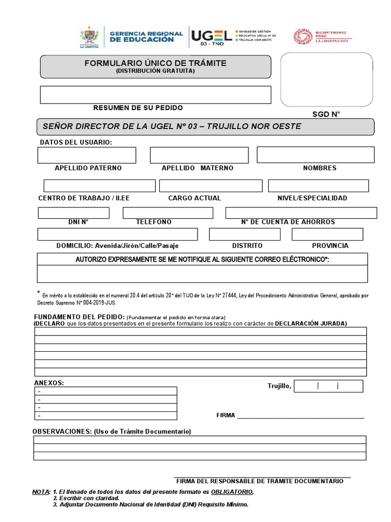 Formulario Único de Trámite UGEL 03 | PDF