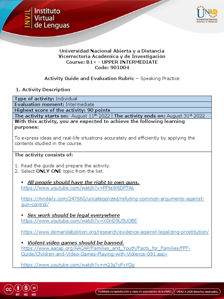 Activity Guide and Evaluation Rubric Speaking Practice B1+ PDF | Download Free PDF | Learning ...