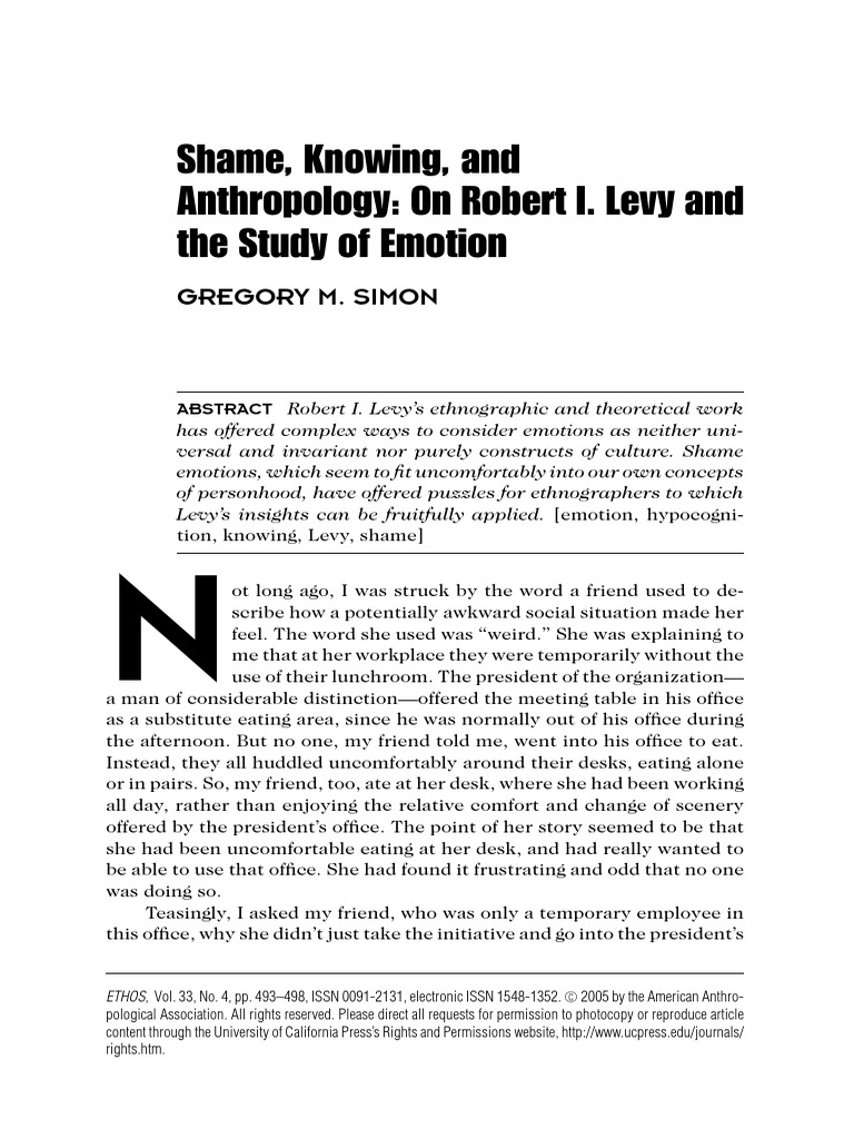 Shame, Knowing, and Anthropology On Robert L. Levy and The Study of Emotion - Gregory Simon 2005 ...