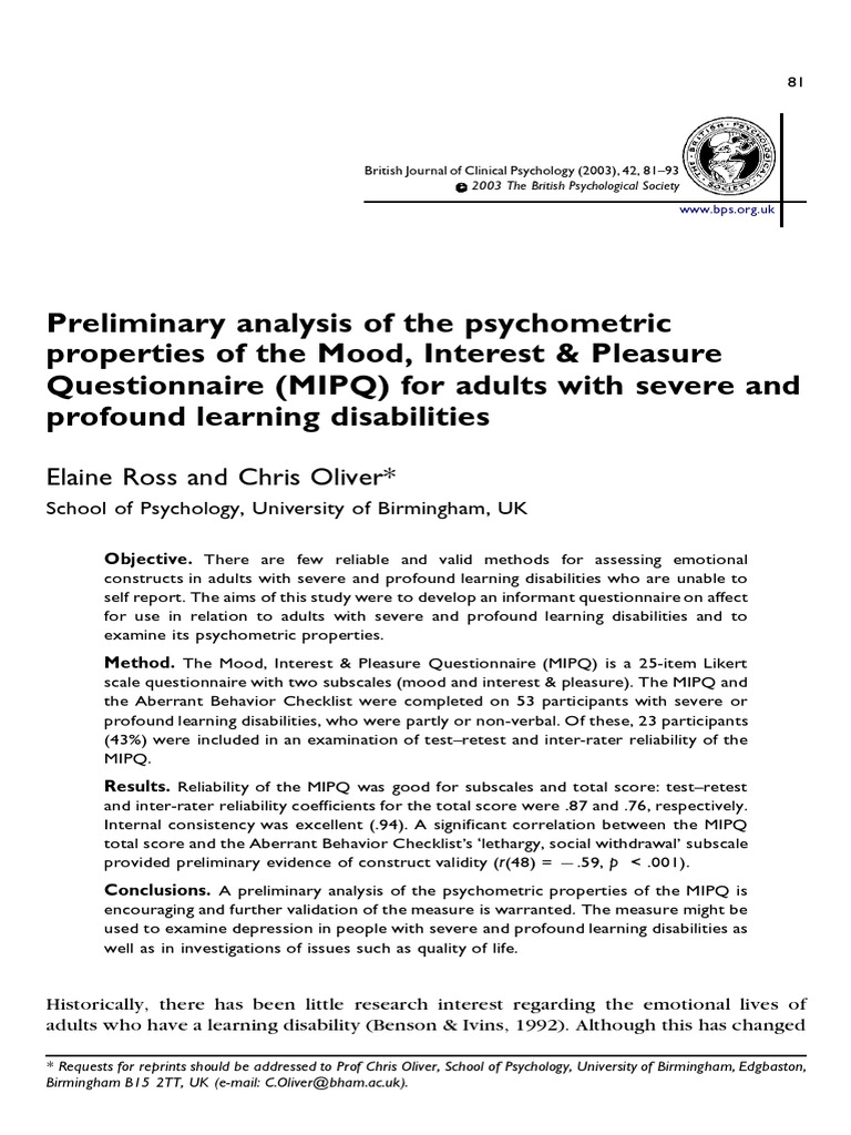 Mood, Interest & Pleasure Questionnaire (MIPQ) | PDF | Mental Disorder ...
