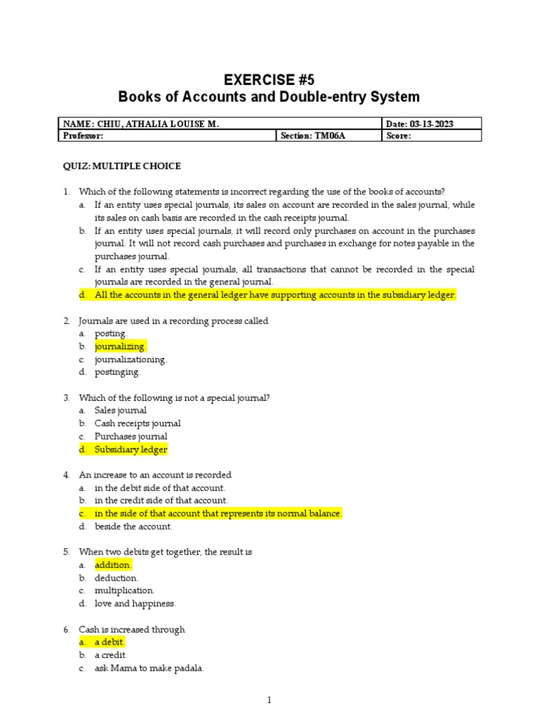 Athalia Chiu BFUNAC - EXERCISE 5 | PDF | Debits And Credits | Corporations