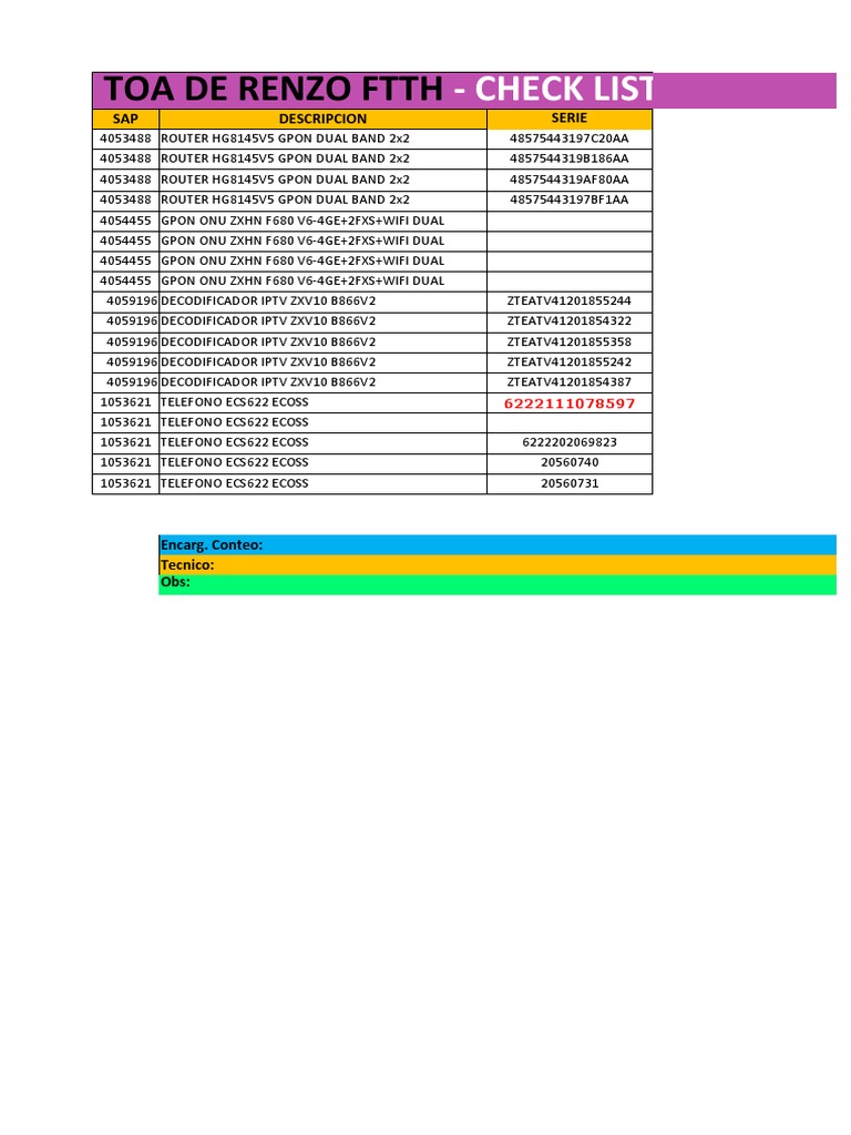 Check List - Toa de RENZO FTTH 15-03-2023 | PDF | Equipment | Broadband
