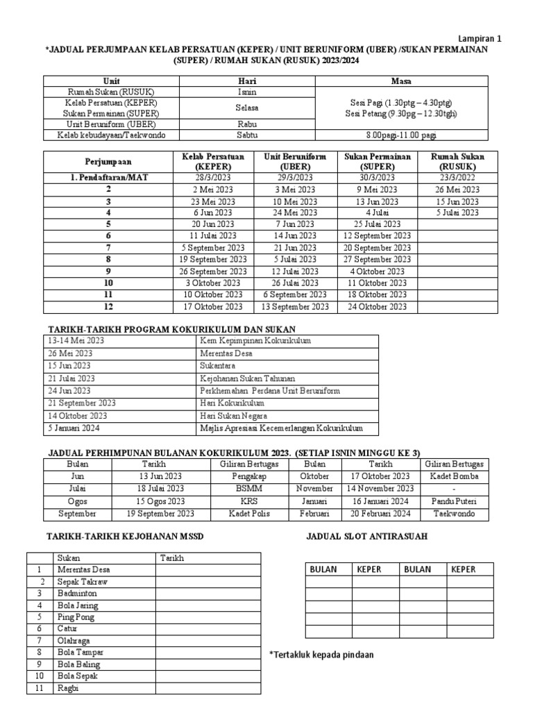Jadual Perjumpaan Kokurikulum 2023 | PDF