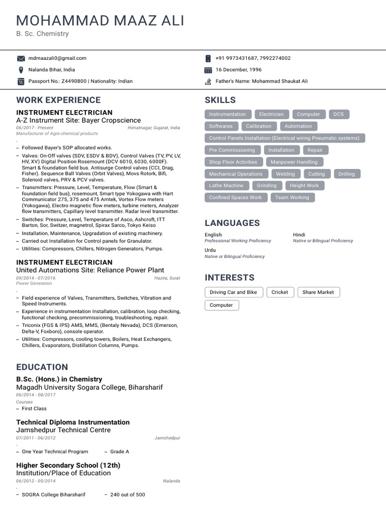 Resume Mohammad Mazz Ali B.Sc. Chemistry | PDF | Valve | Chemical Engineering