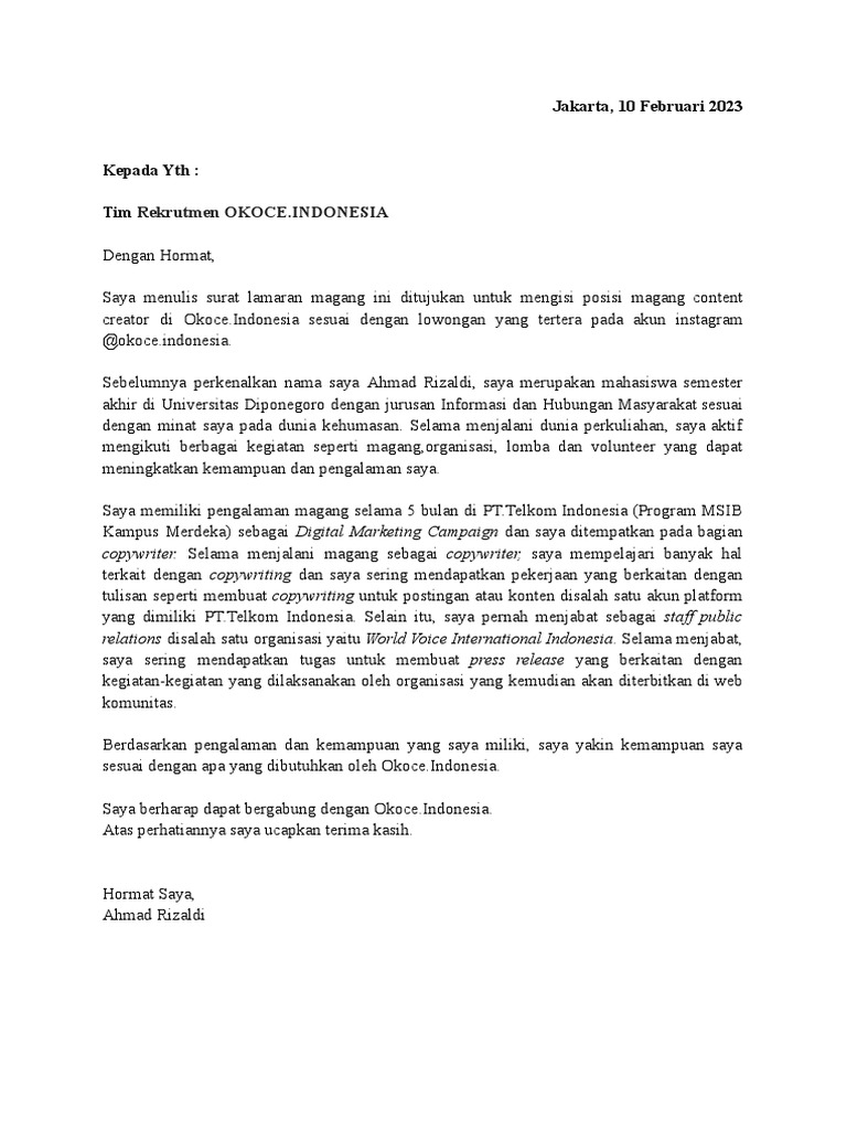 Contoh Surat Lamaran Magang | PDF