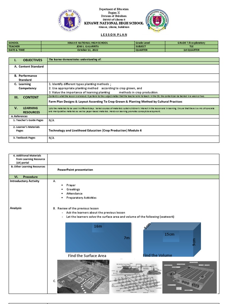 Grade 7/8 TLE Lesson Plan: Planting Methods | PDF | Learning | Teachers