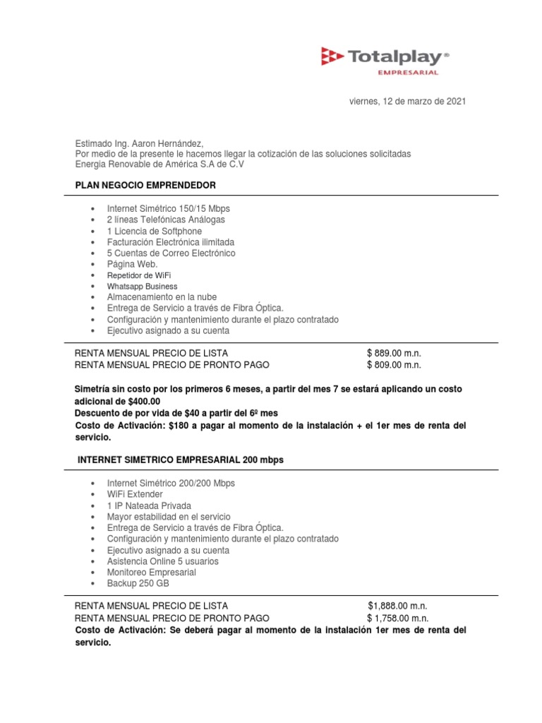 Cotización Totalplay Empresarial Planes Negocio Emprendedor y Simetrico ...