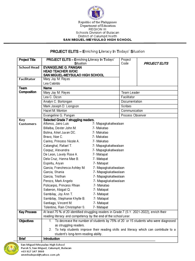 PROJECT ELITS Proposal | PDF | Reading Comprehension | Literacy
