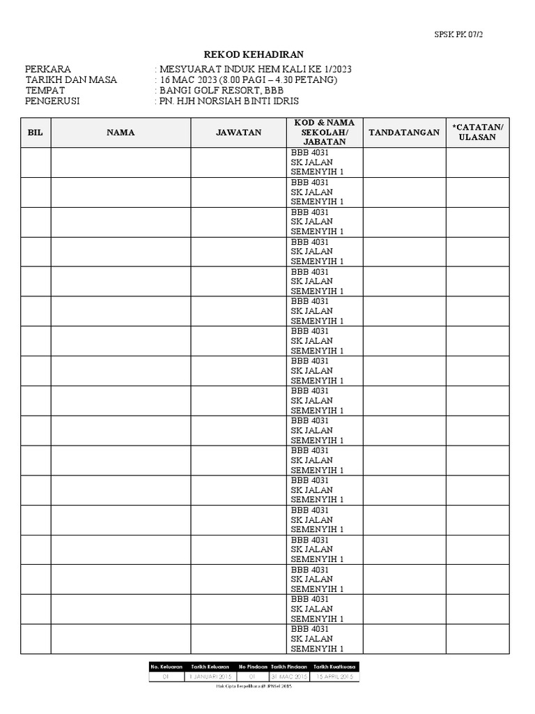 Borang Kehadiran-1 | PDF