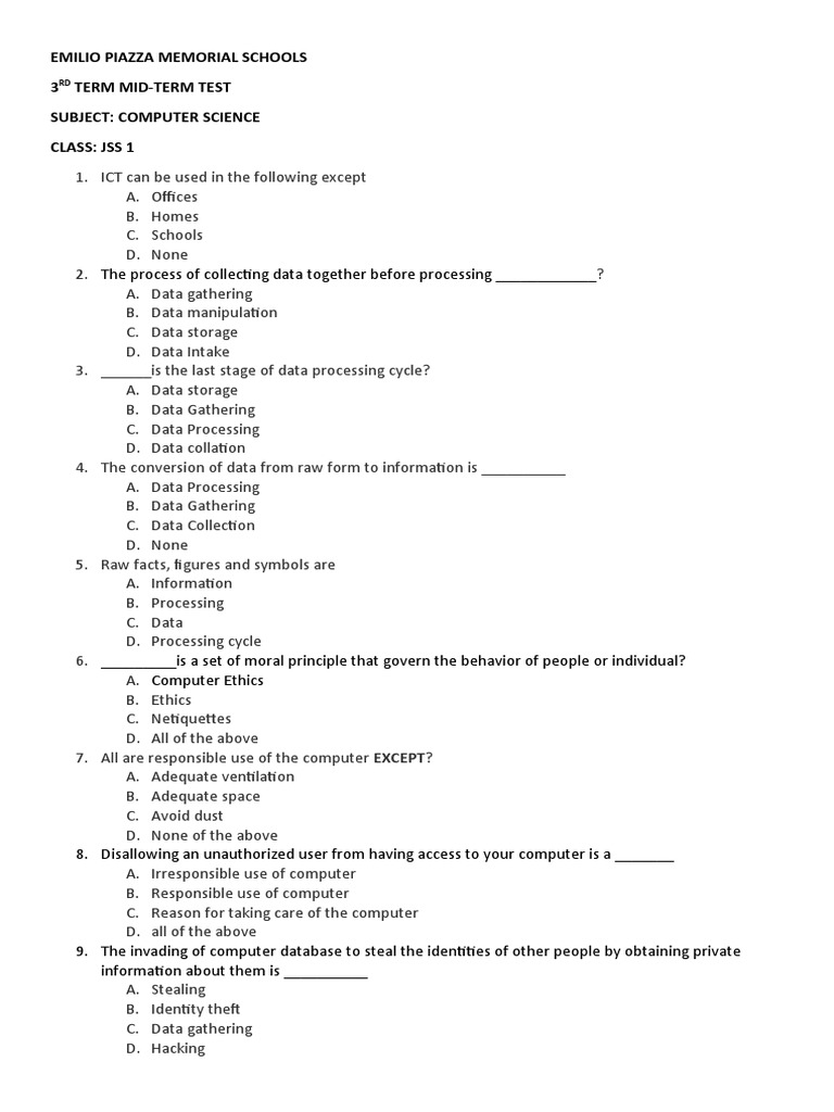 Computer Science Mid-Term Exam: Assessing Students' Knowledge of Data ...