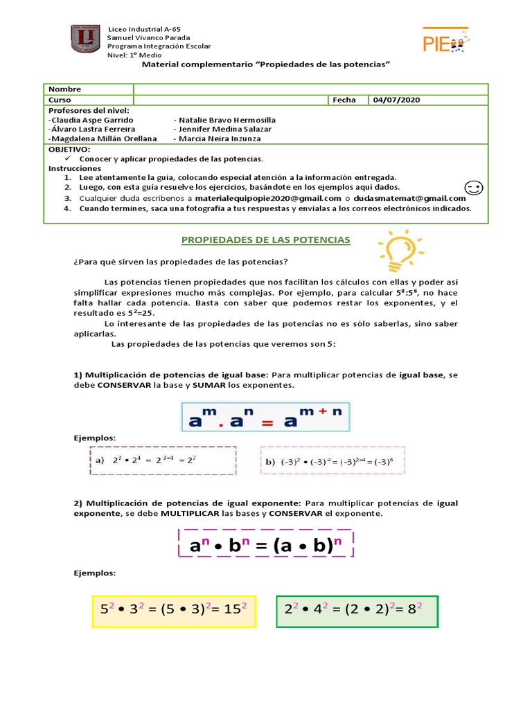 Material Apoyo Complementario Propiedades de Potencias 1°medio | PDF ...
