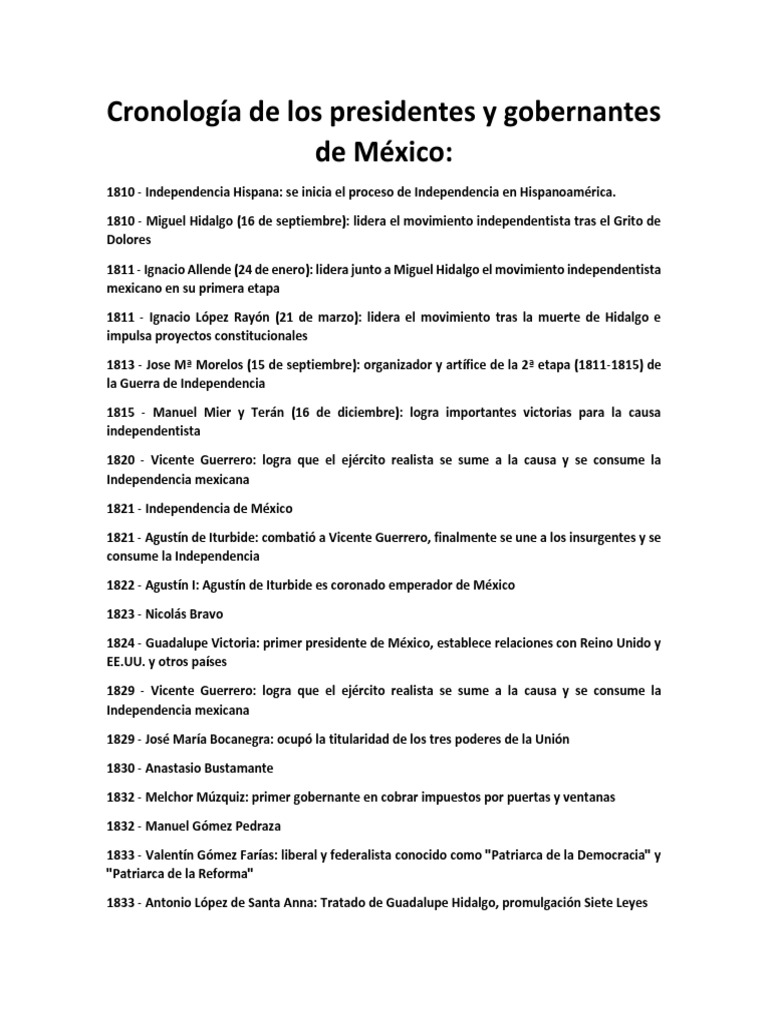 Cronología de Los Presidentes y Gobernantes de México PDF TERCEROS ...