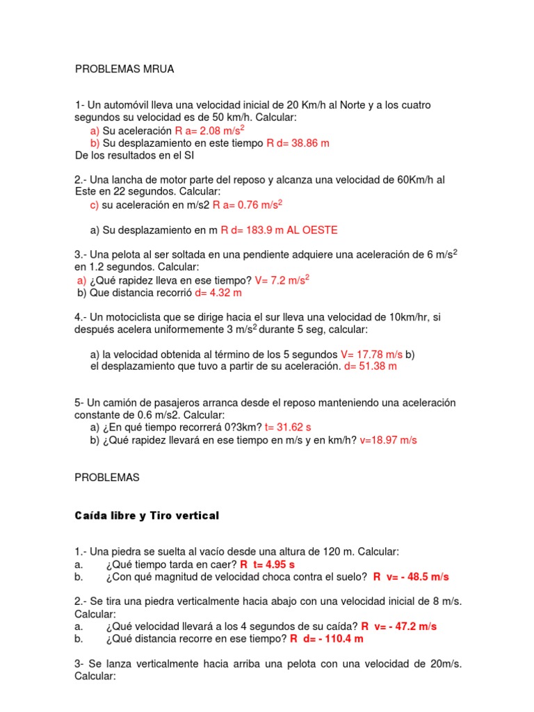 Tarea Prob Mrua, Caida Libre y Tiro Vertical | PDF