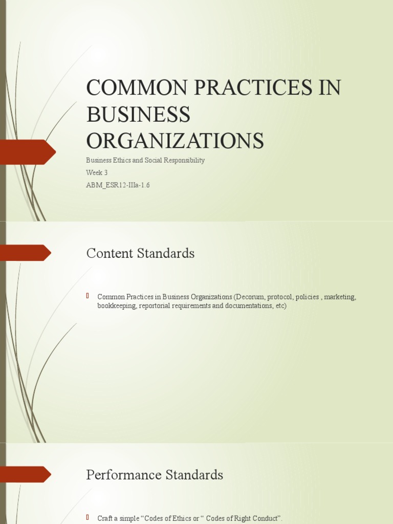 Week 3 COMMON PRACTICES IN BUSINESS ORGANIZATIONS | PDF | Business | Business Ethics