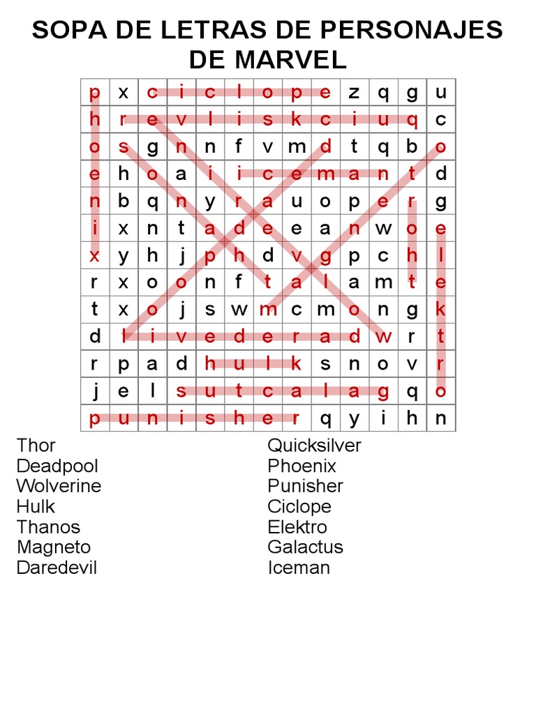 Sopa de Letras de Personajes de Marvel para Imprimir - Solución | PDF