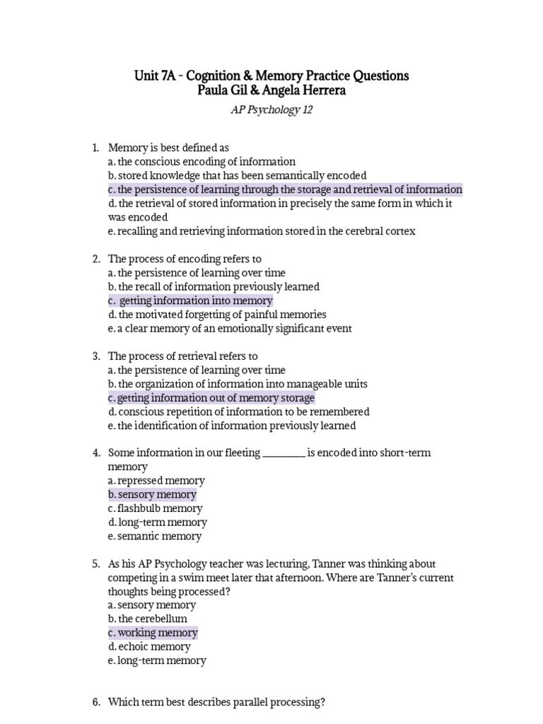 Memory Practice Questions Paula Gil & Angela Herrera | PDF | Memory | Recall (Memory)