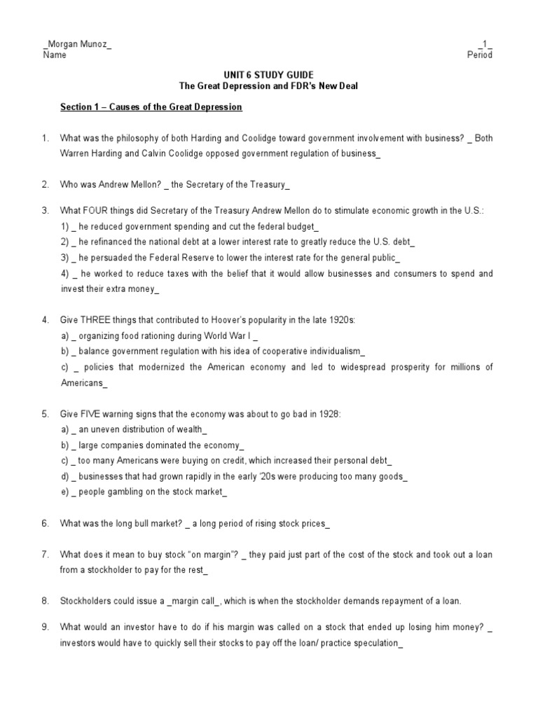 Unit 6 Study Guide (The Great Depression and The New Deal) | PDF | New ...
