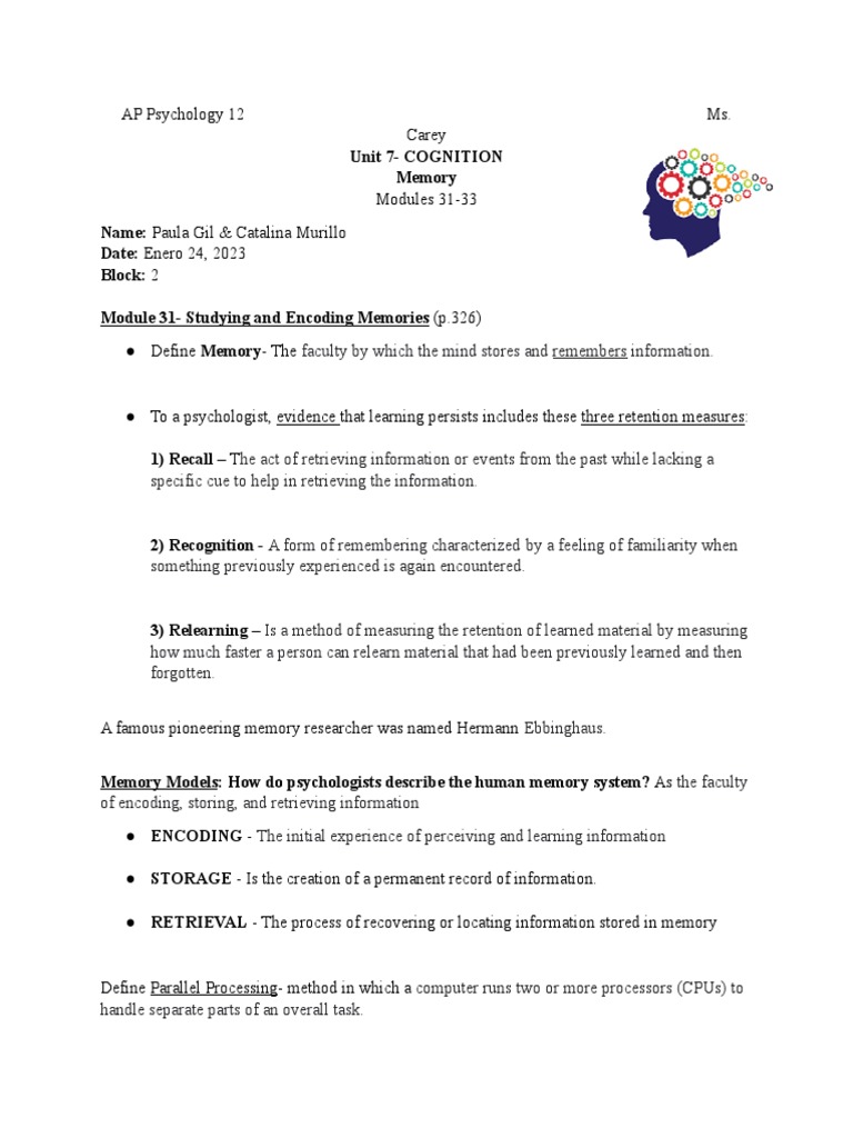 Unit 7 Cognition - Paula Gil | PDF | Memory | Recall (Memory)