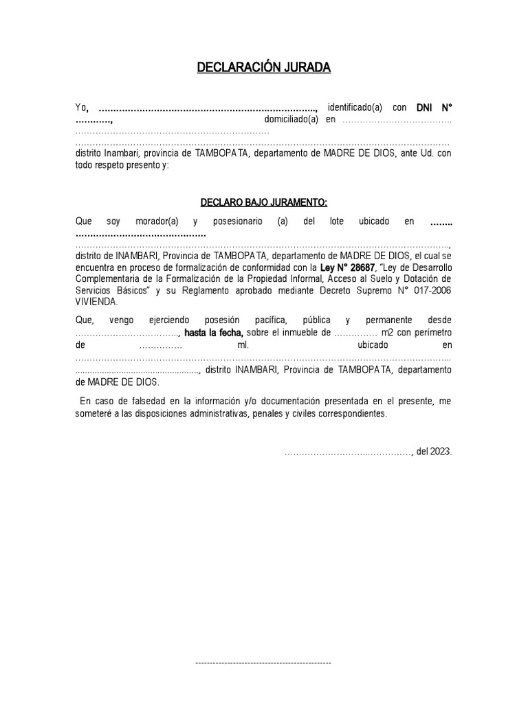 Formatos de Declaracion Jurada para Constancia de Posecion | PDF | Justicia | Crimen y violencia