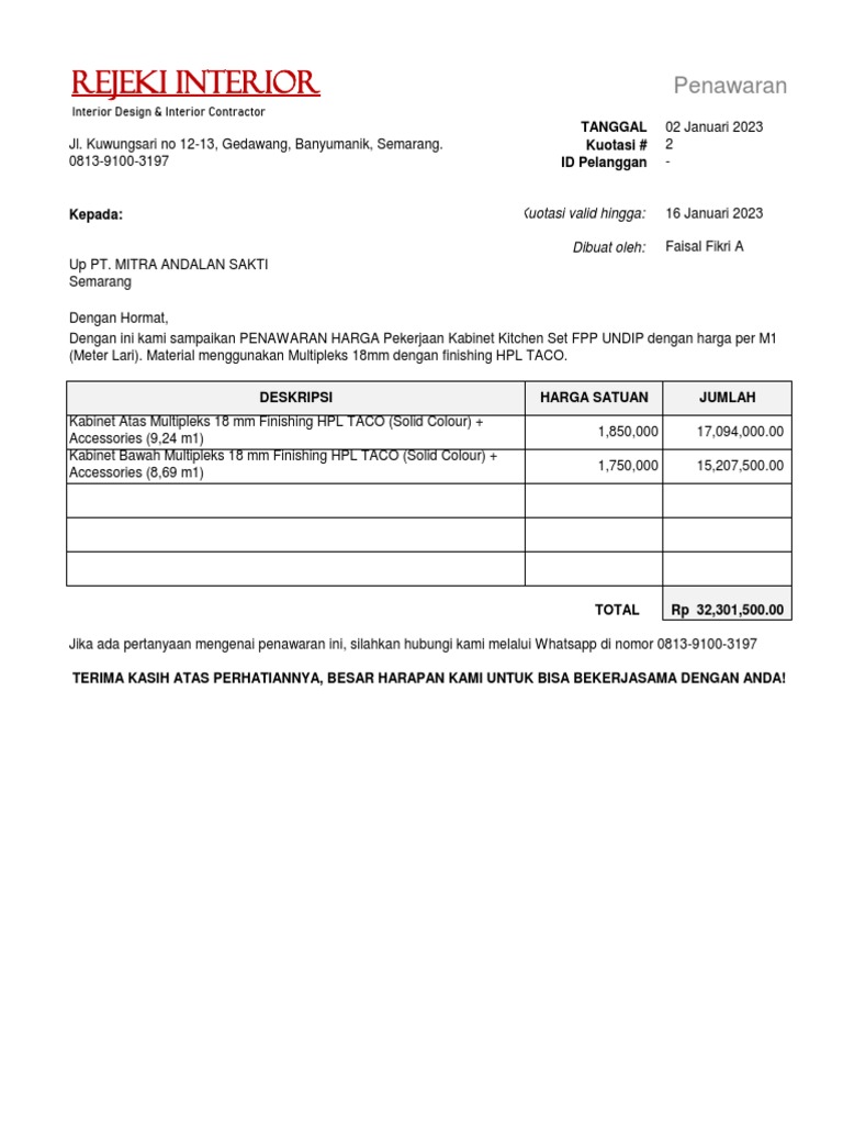 Penawaran Kitchen Set Pt. Mitra Andalan Sakti PDF | PDF