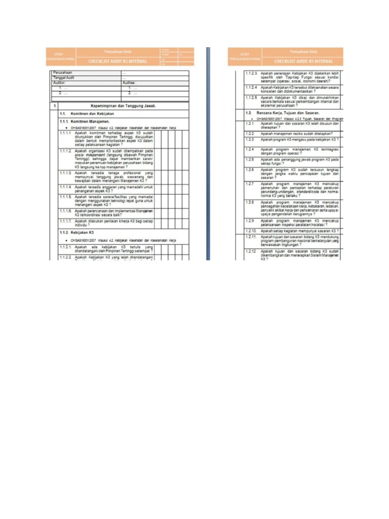 Checklist Audit K3 Internal - Contoh | PDF
