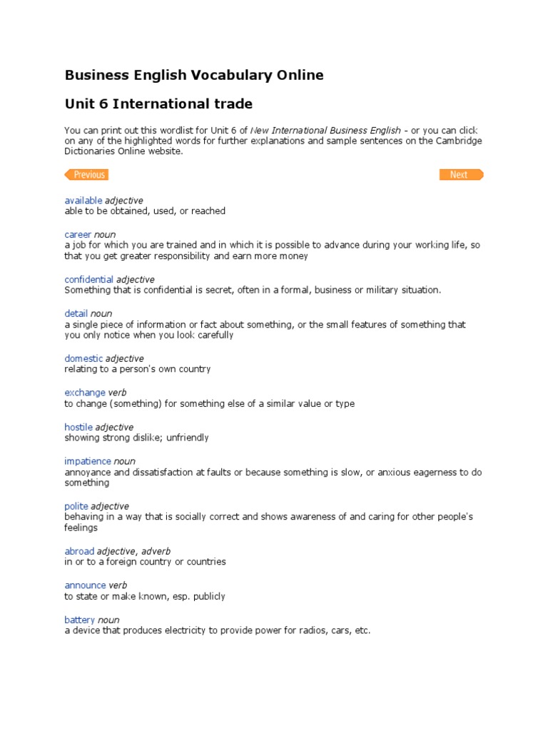 Business English Vocabulary Guide | PDF | Adjective | Verb