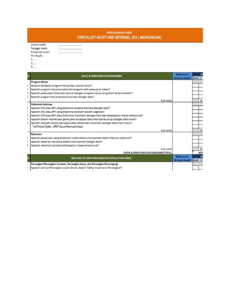Contoh Checklist Audit HSE Internal | PDF