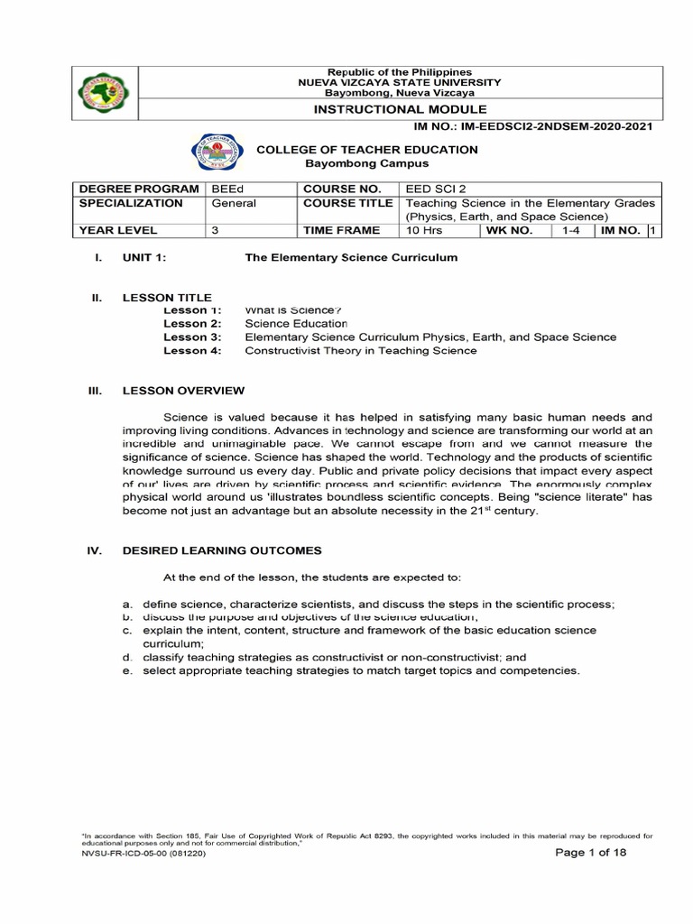 EED SCI 2 MODULE 1 (Unit 1 - The Elementary Science Curriculum) | PDF EED SCI 2 MODULE 1 (Unit 1 - The Elementary Science Curriculum) | PDF