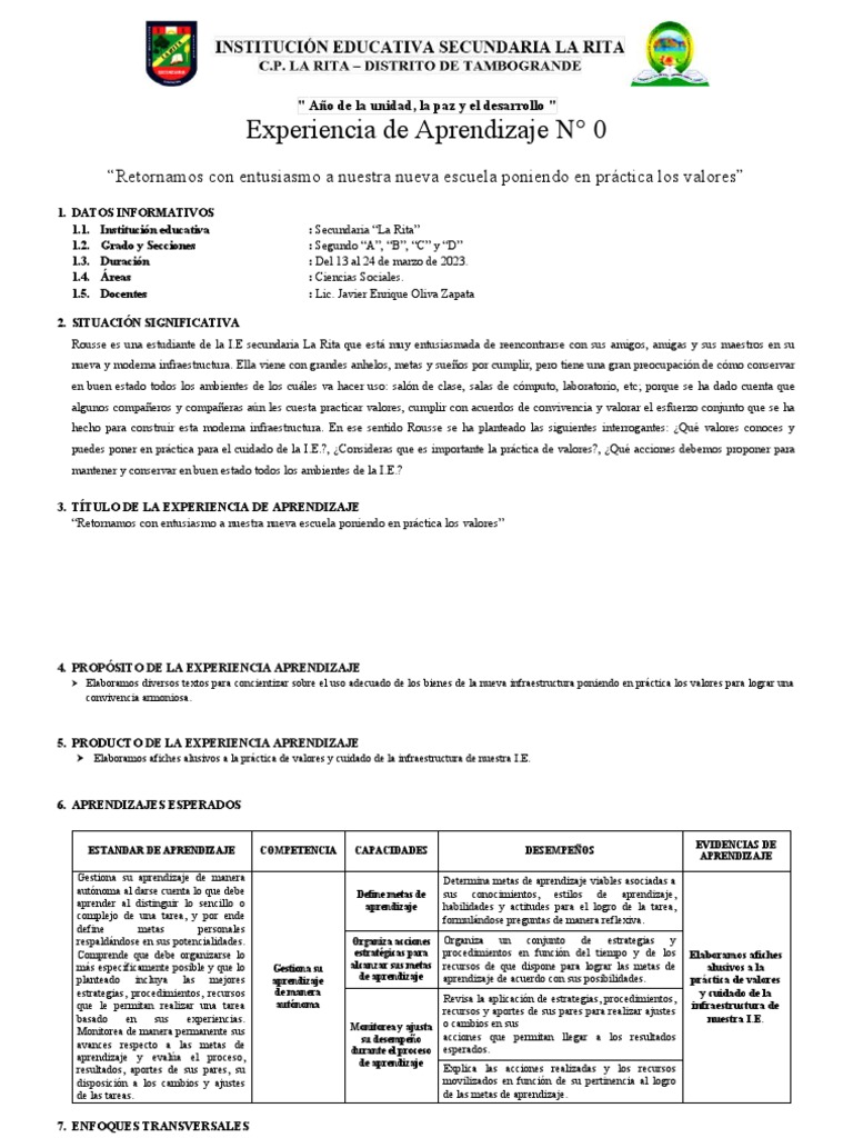Valores y cuidado de la infraestructura escolar: Una experiencia de aprendizaje para la práctica ...