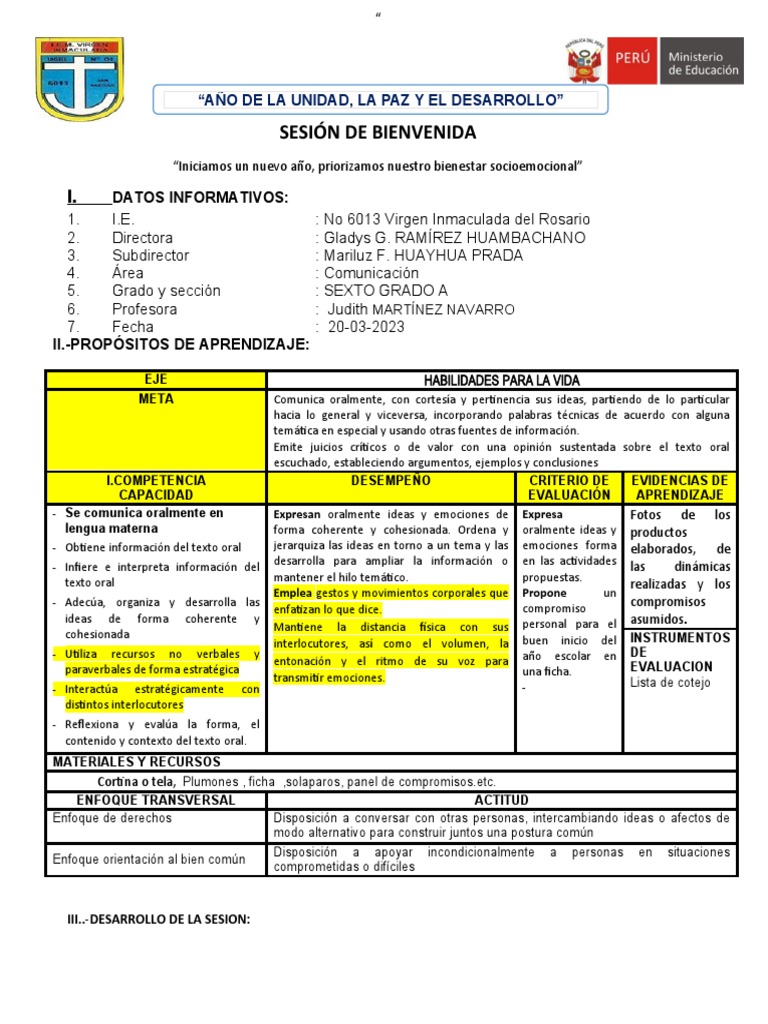 Sesion de Bienvenida Sexto Grado | PDF | Aprendizaje | Evaluación
