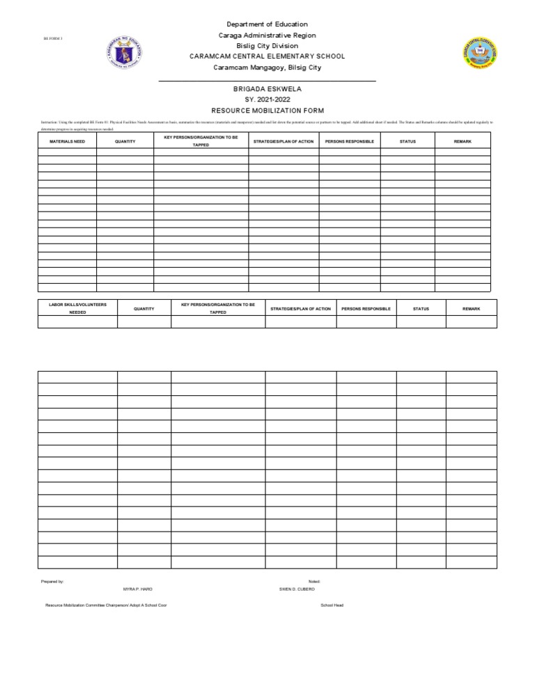 BRIGADA-ESKWELA-FORM-3-RESOURCE-MOBILIZATION Plan | PDF