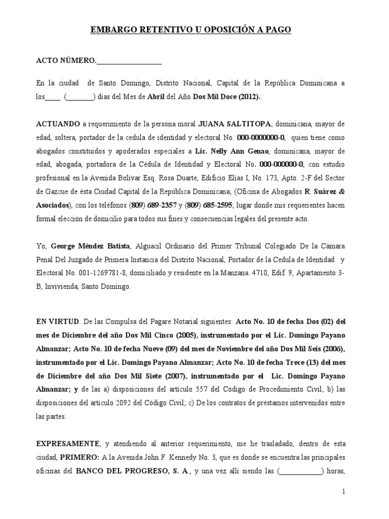 Embargo Retentivo U Oposicion | PDF | República Dominicana