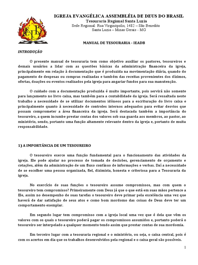 Manual de Tesouraria da Igreja | PDF | Tesouro | Contabilidade