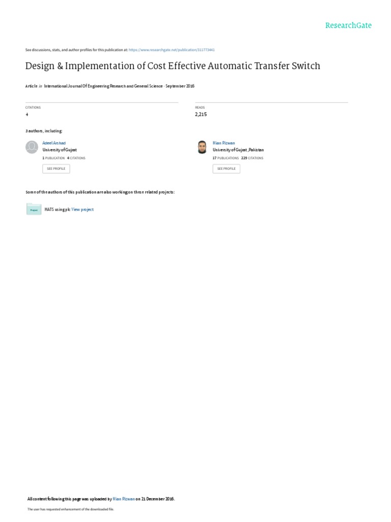 Design and Implementation of Cost Effective Automatic Transfer Switch | PDF | Relay | Switch