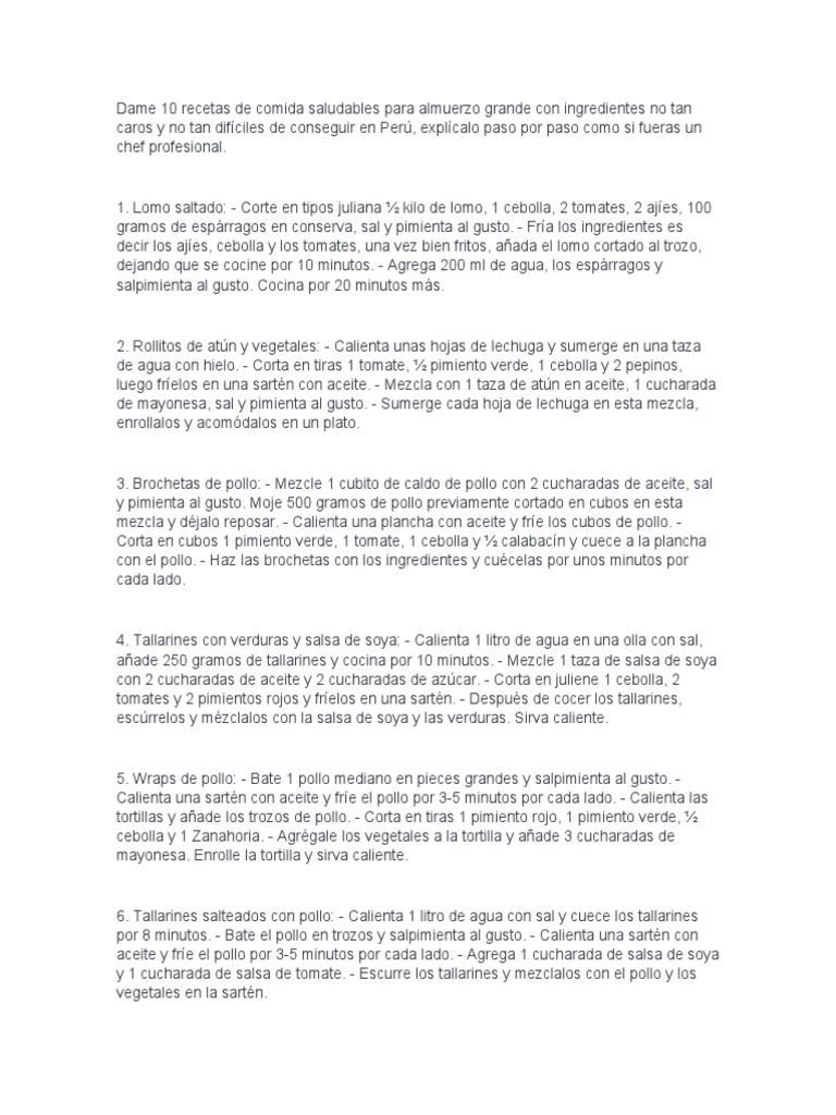 Dame 10 Recetas de Comida Saludables para Almuerzo Grande Con ...