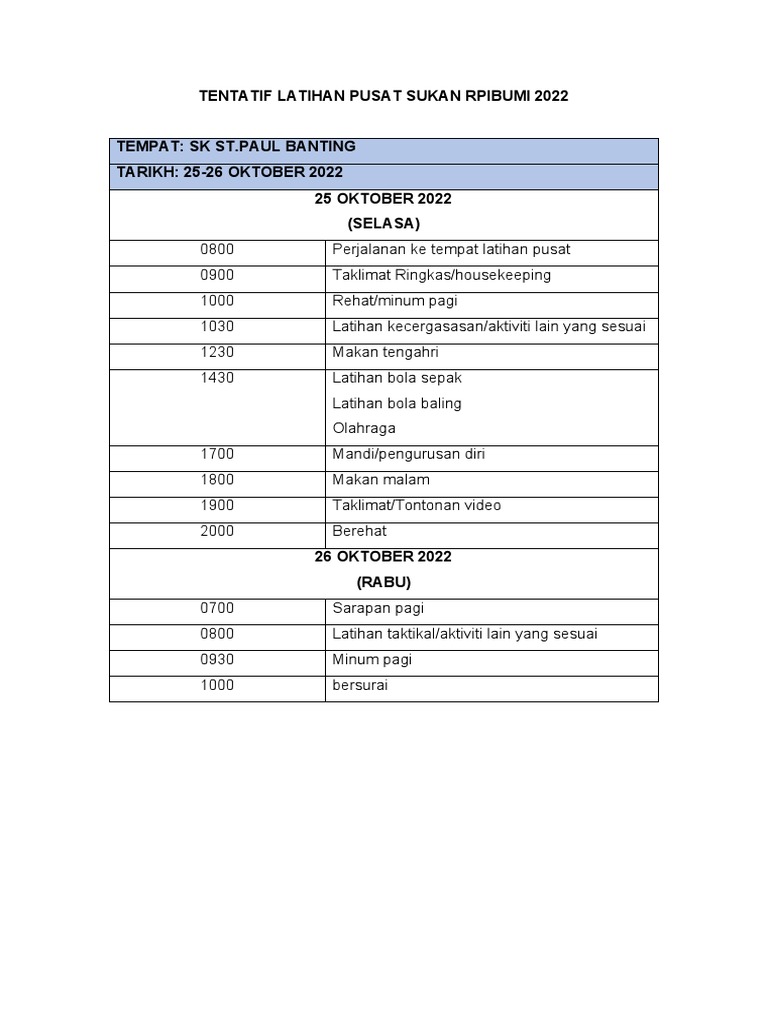 TENTATIF LATIHAN PUSAT SUKAN RPIBUMI 2022.docx | PDF