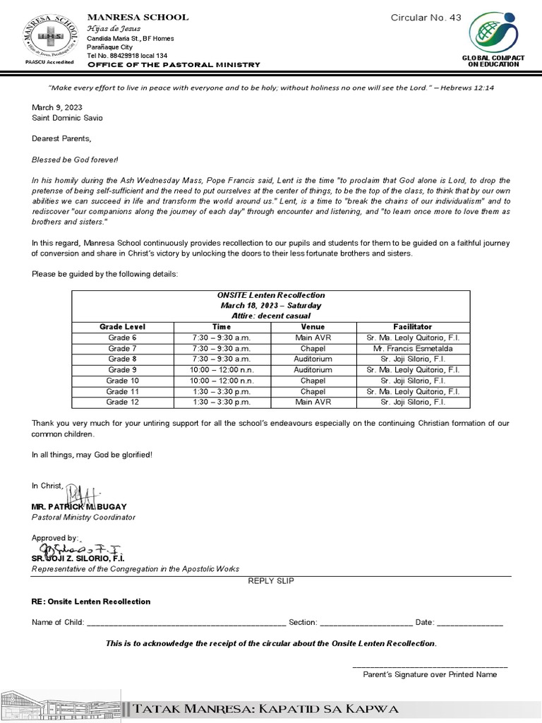Circular No. 43 - Grades 6-12 Lenten Recollection | PDF | Lent | Christian Denominational Families
