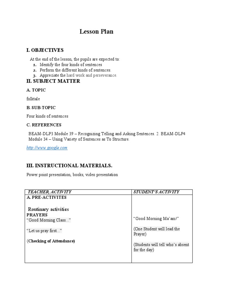 Four Types of Sentences Lesson Plan | PDF | Question | Sentence ...