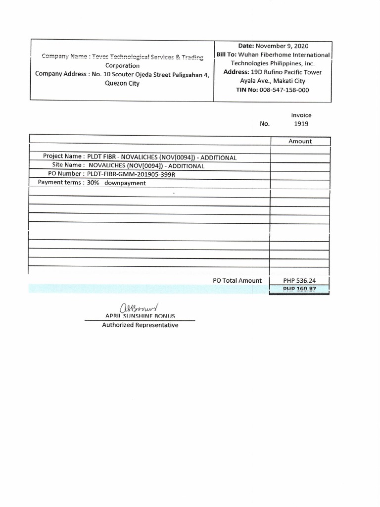 Date: November 9, 2020: Bill To: Wuhan Fiberhome International Technologies Philippines, LNC ...